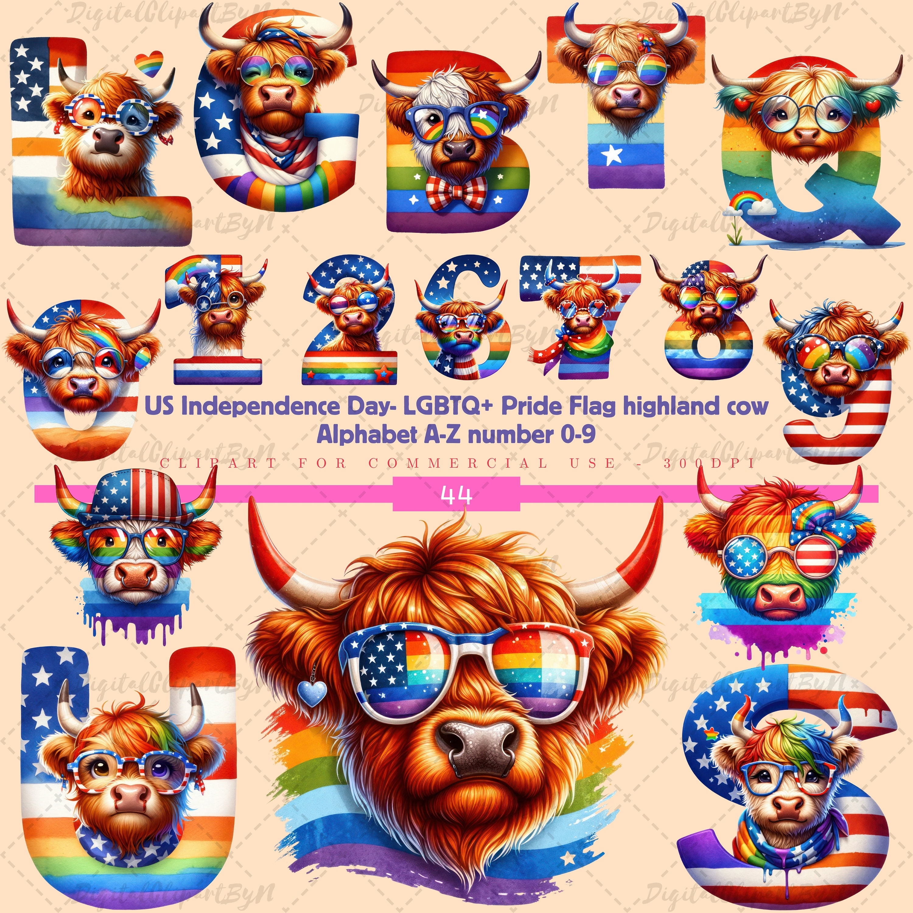 US Independence Day, LGBTQ Pride Flag, Highland Cow Alphabet A-Z Number ...