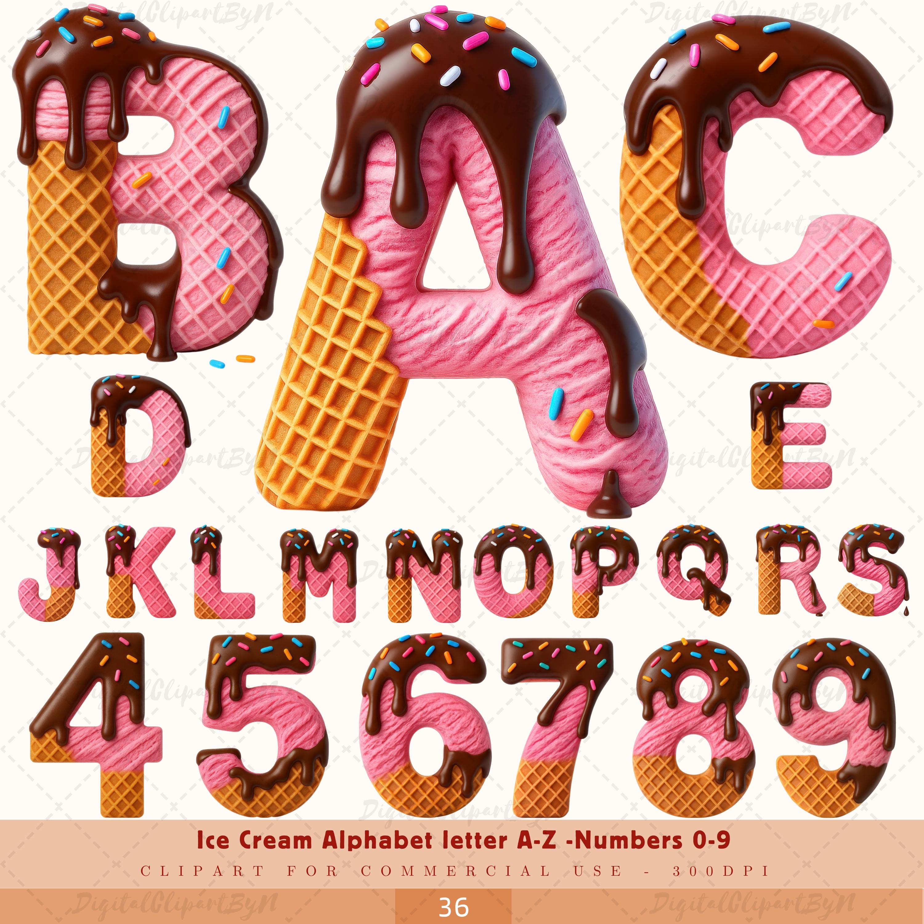 Ice Cream Alphabet Clipart A-Z 0-9 – Chocolate Drip Letters and Numbers ...