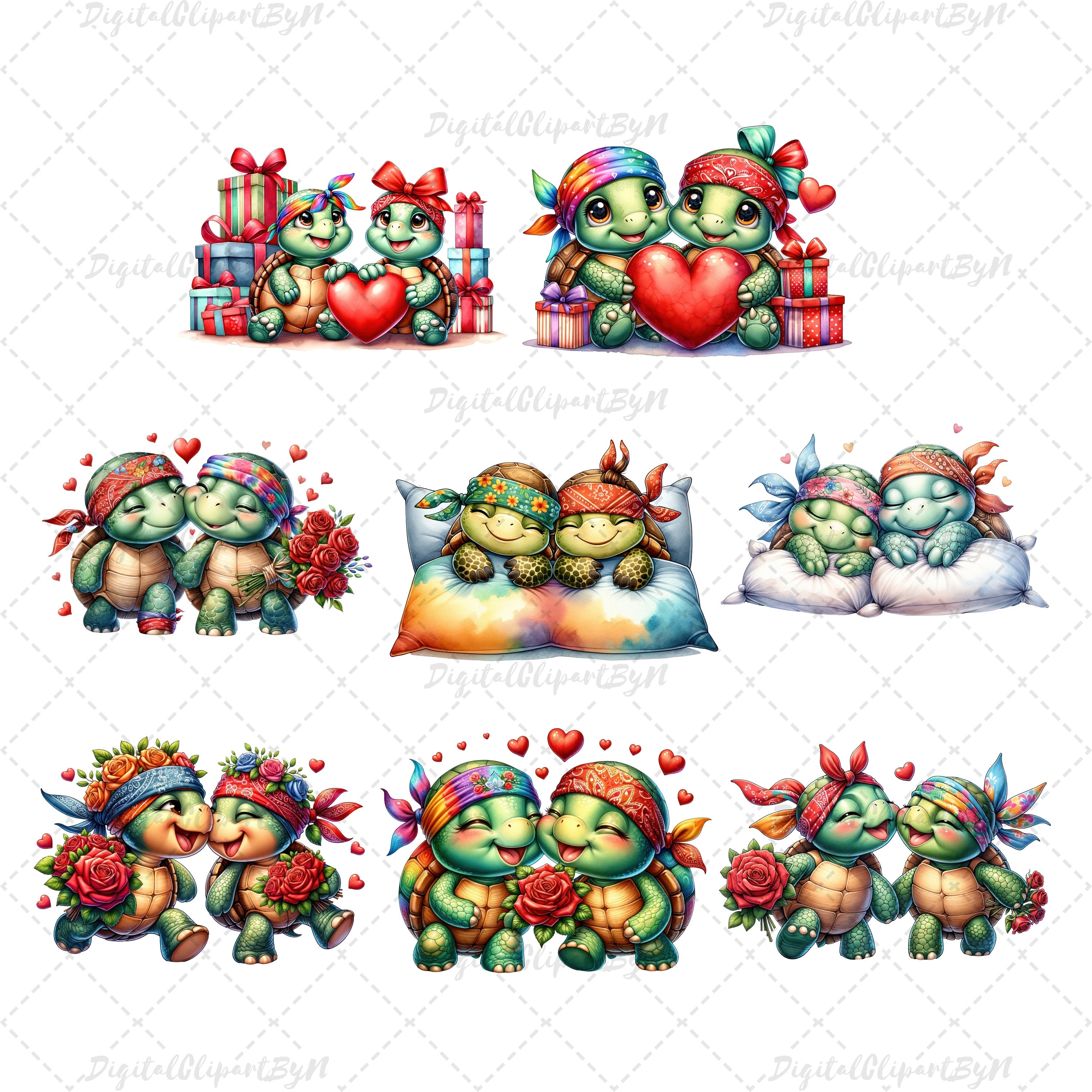 Turtle Love Clipart and Watercolor Turtles, Love Celebration Turtles ...