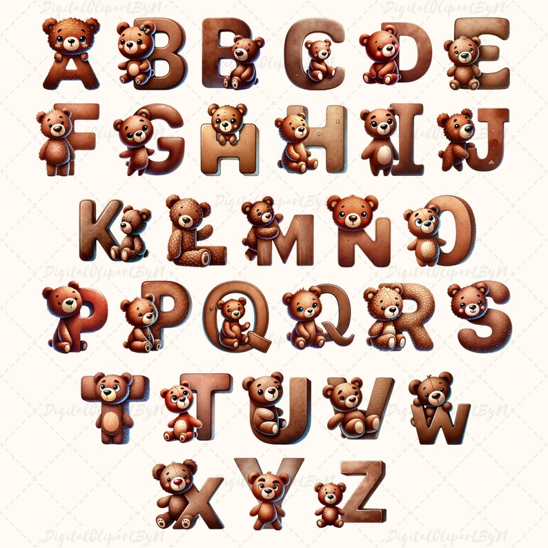 Brown Bear Clipart A-Z, Numbers 0-9, Cute Animal Alphabet Bundle , Bear ...