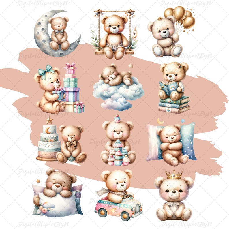 Baby Bear Watercolor Clipart, Baby Bear Nursery PNG, Whimsical Baby ...