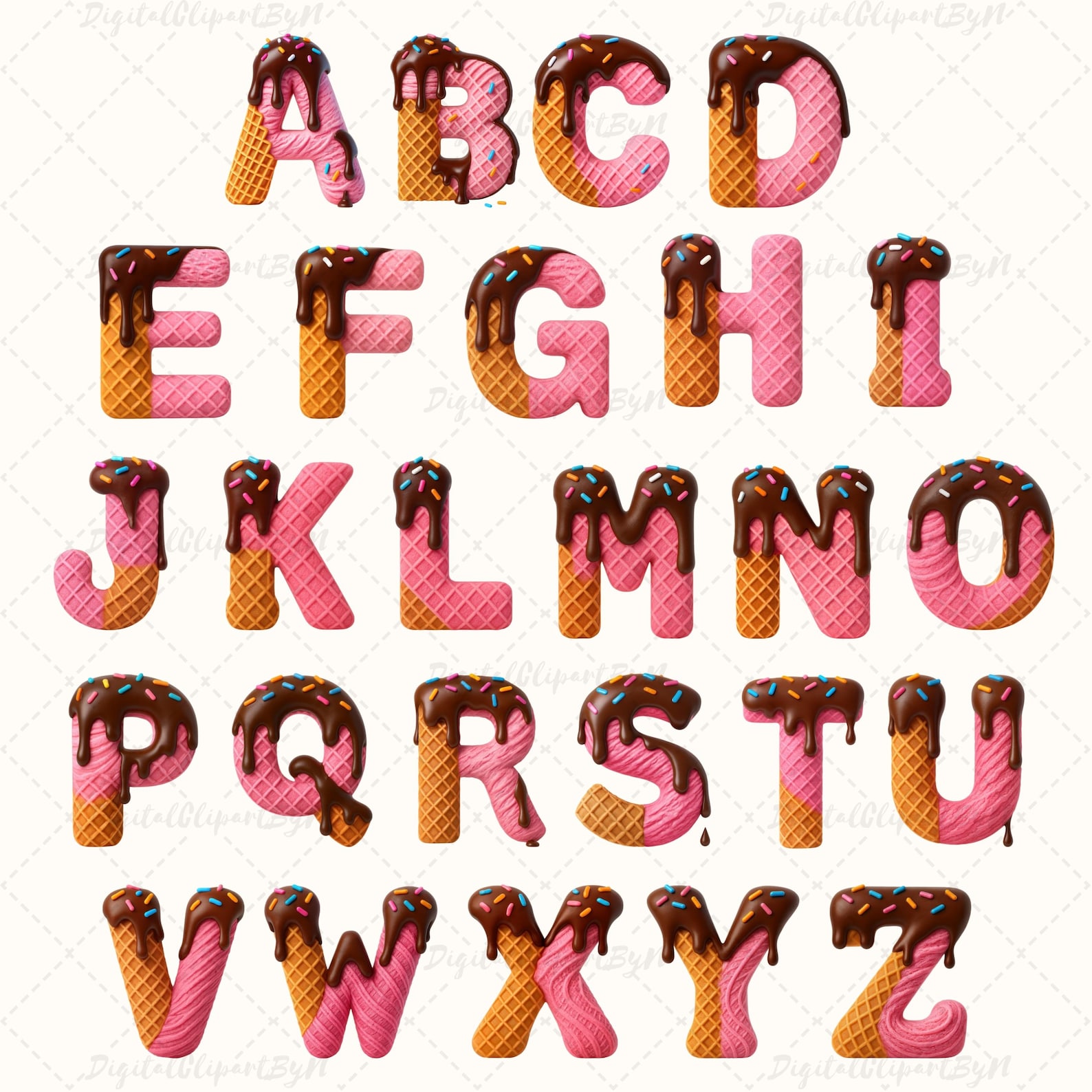 Ice Cream Alphabet Clipart A-Z 0-9 – Chocolate Drip Letters and Numbers ...