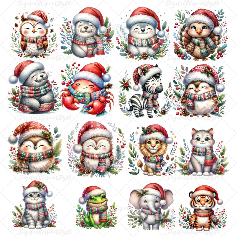 Christmas Animal Clipart Set ,festive Watercolor Cute Animals With ...