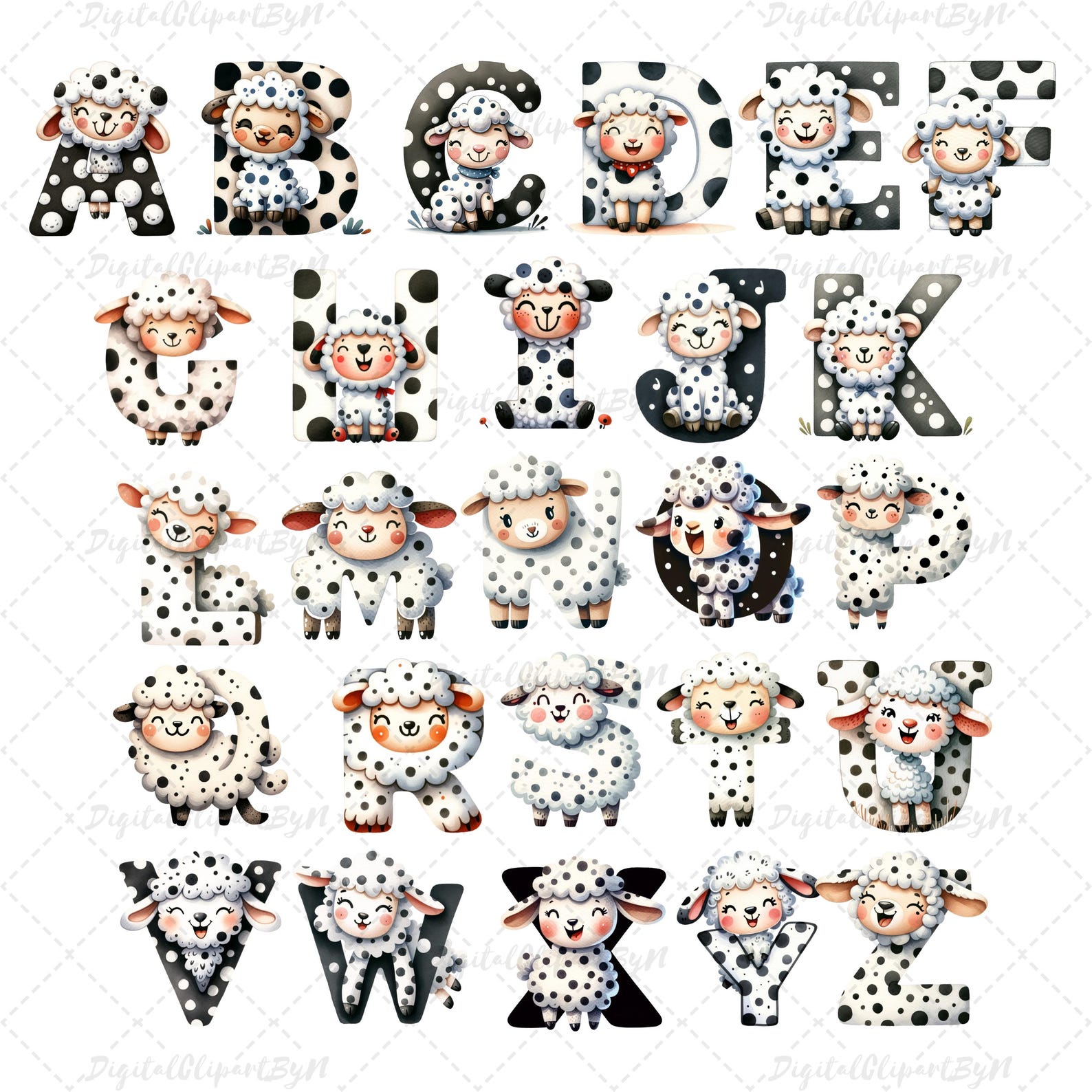 Watercolor Spotted Lamb Alphabet A-Z Number 0-9 Bundle, Spotted Sharp ...