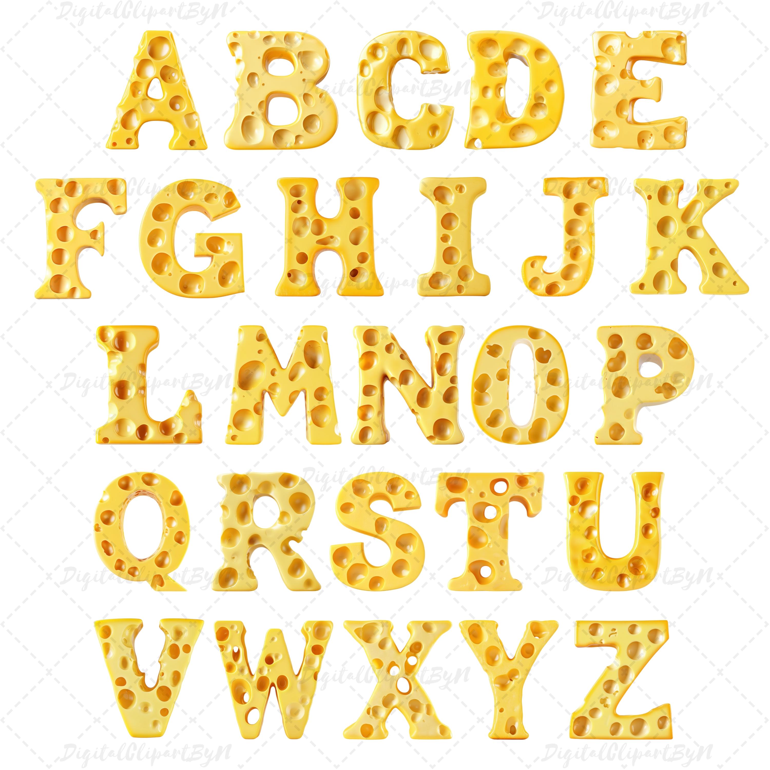 Cheese Alphabet Clipart PNG 3D Swiss Cheese Letters & Numbers Food Font ...