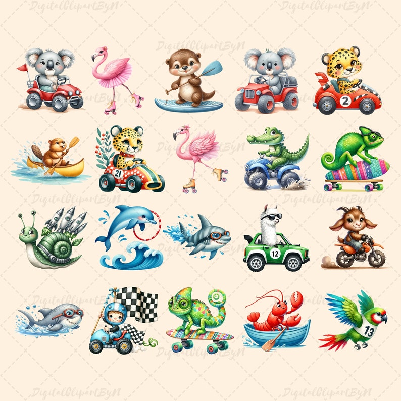 Cute Animal Racer Clipart Bundle | Kids Party Decor | Nursery Wall Art ...