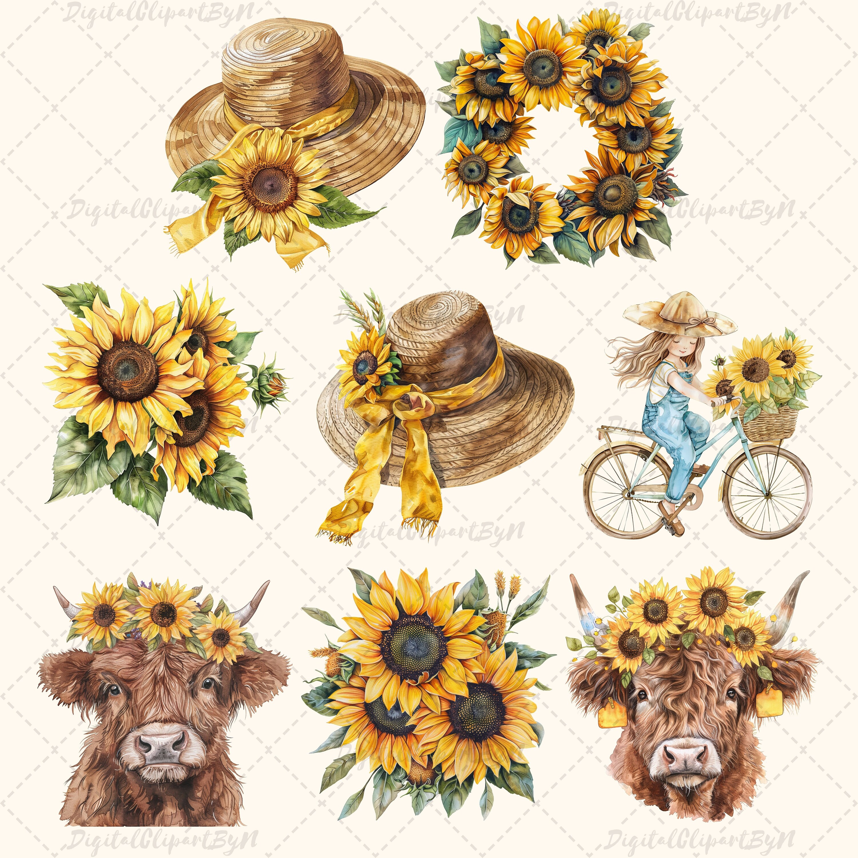Charming Little Girl With Sunflowers Clipart L Scrapbooking L DIY ...