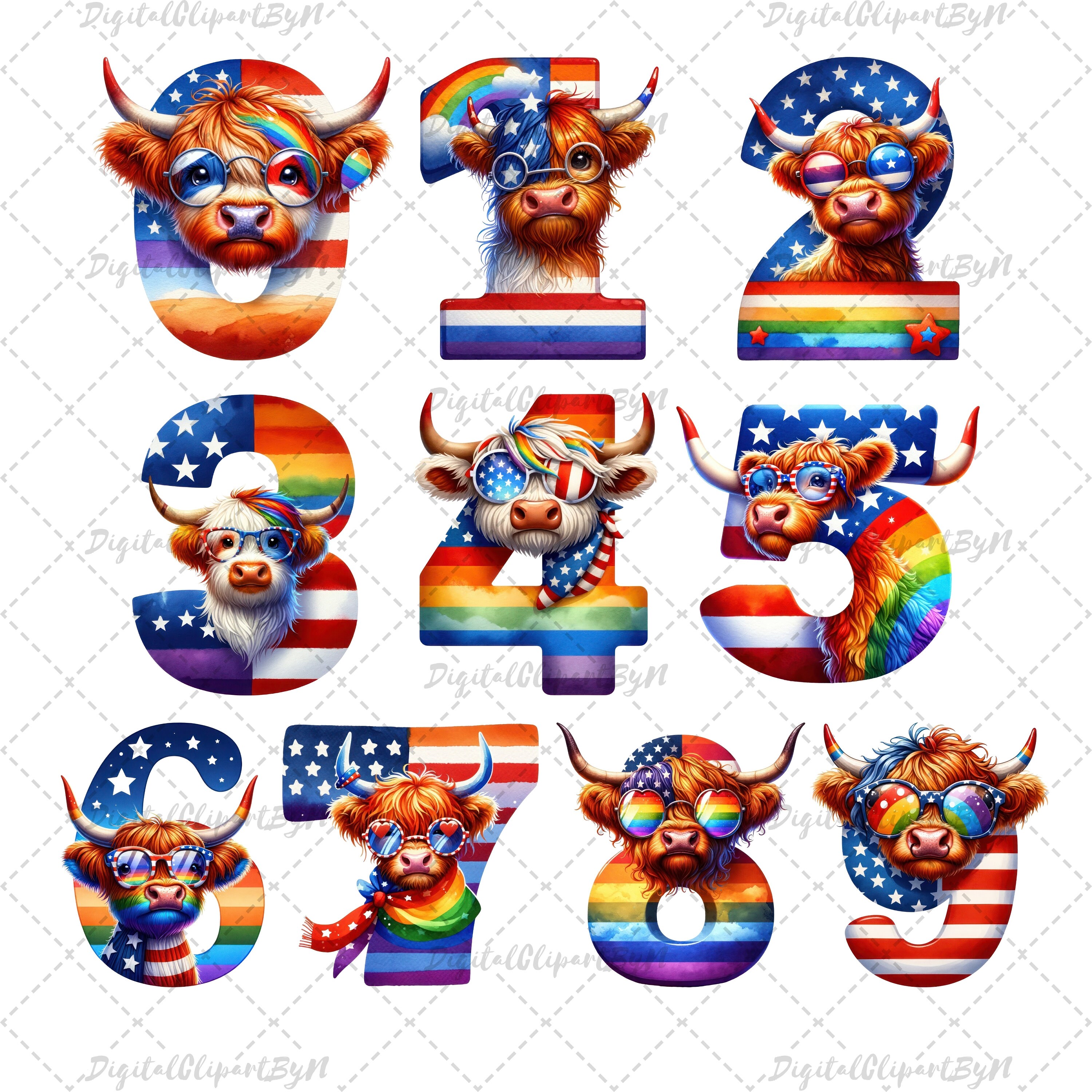 US Independence Day, LGBTQ+ Pride Flag, Highland Cow Alphabet A-Z ...