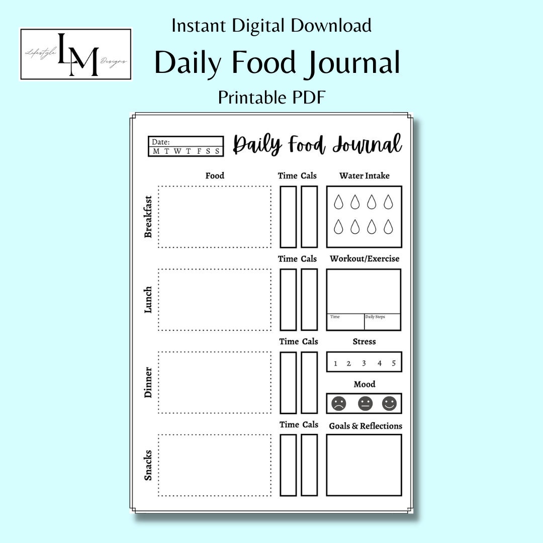 Daily Food Journal A4 Template Printable Daily Food Tracker PDF Calorie ...