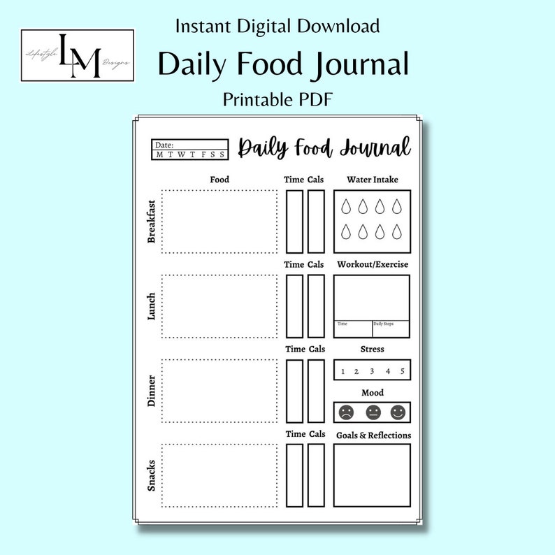 Daily Food Journal A4 Template Printable Daily Food Tracker PDF Calorie ...
