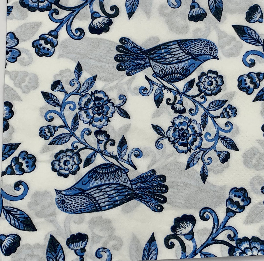 Decoupage Bird Napkins, Blue and White Napkins, Set of 3 Cocktail ...