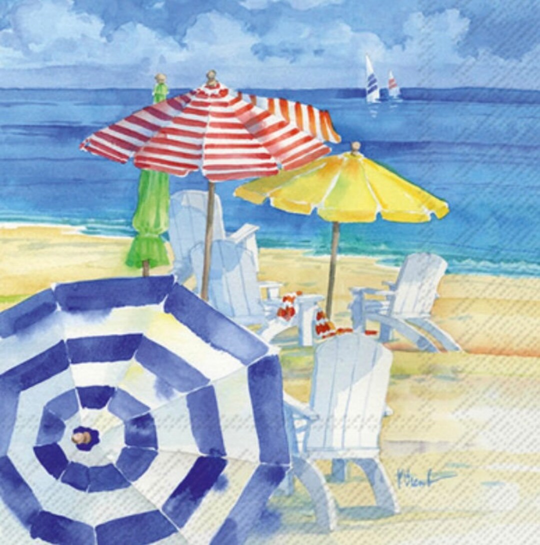Decoupage Napkins, Beach Scene Paper Napkins, 3 Individual Beach Chair ...