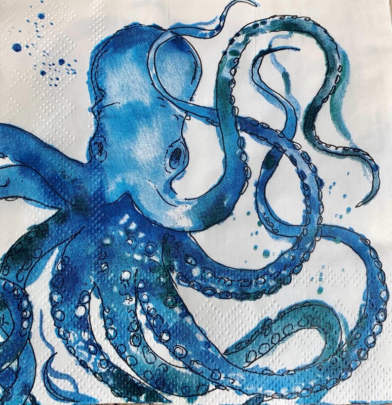 Decoupage Napkins, Octopus Blue Paper Napkins, 3 Individual Ocean ...