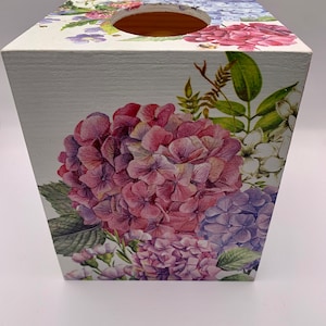 Tissue Box Cover Hydrangea, Flower Wood Tissue Holder, Decoupaged Tissue Box, Floral Tissue ...