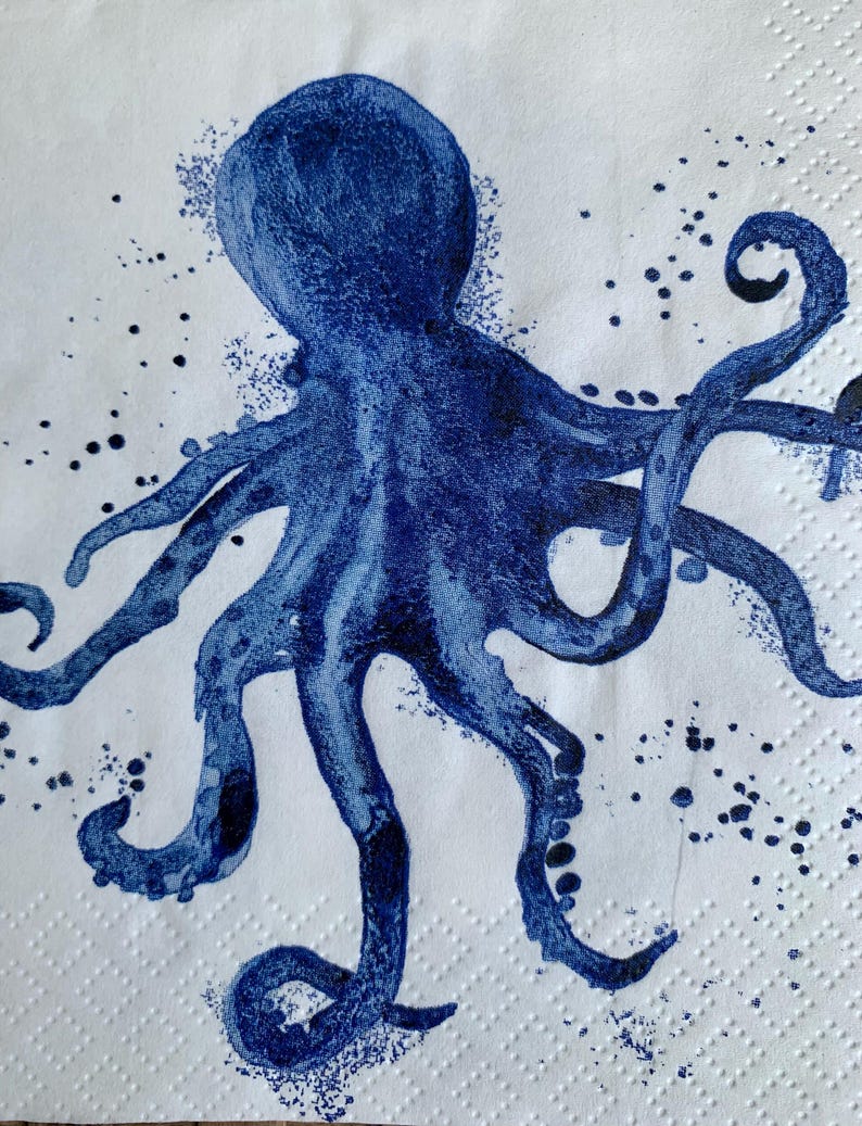 Decoupage Napkins, Octopus Paper Napkins, 3 Individual Blue and White ...