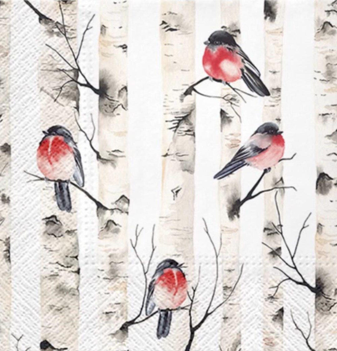 Decoupage Napkins, Red Bird Paper Napkins, 3 Individual Birch Tree ...