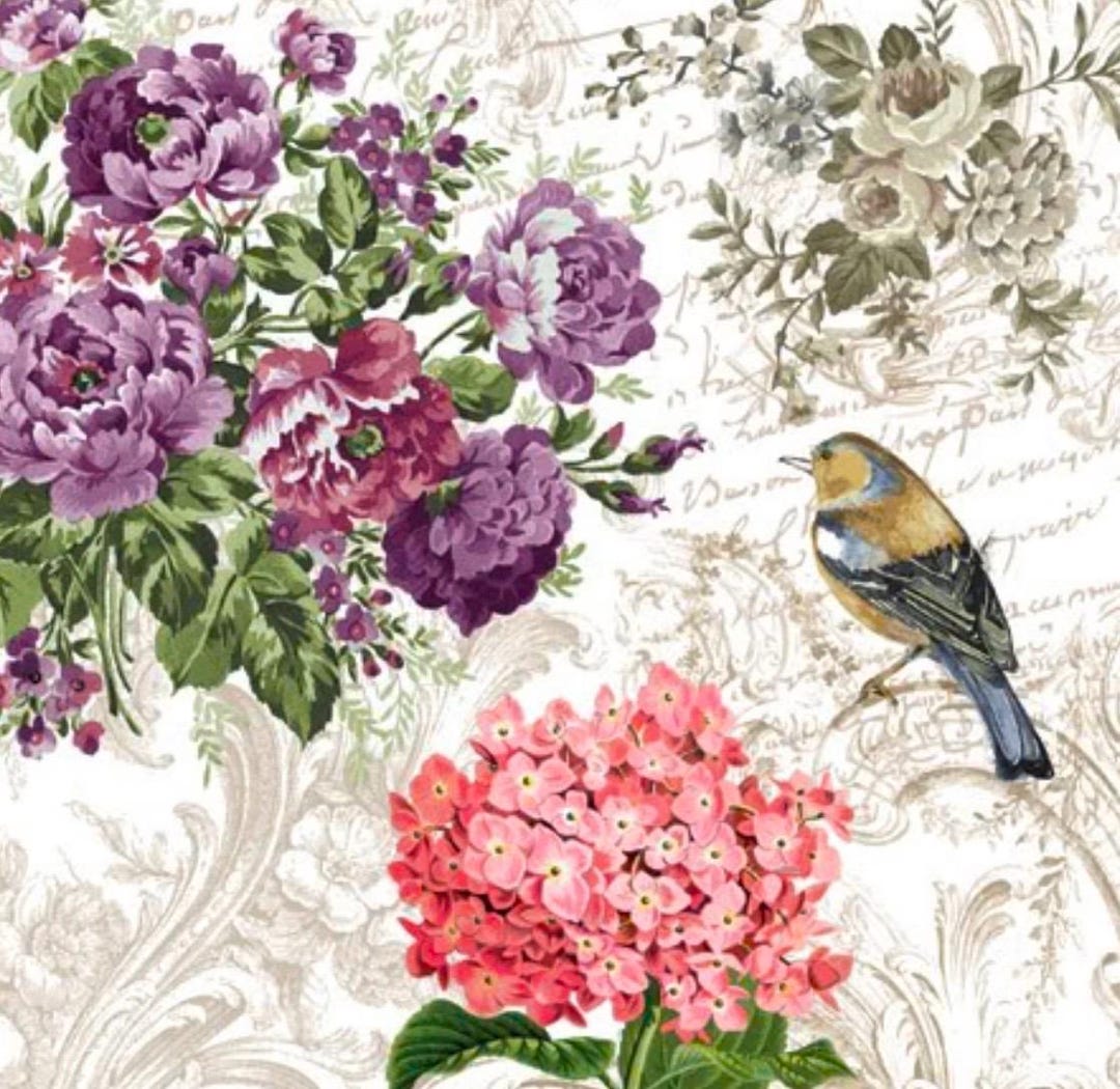 Decoupage Napkins, Bird and Flower Paper Napkins, 3 Individual Luncheon ...