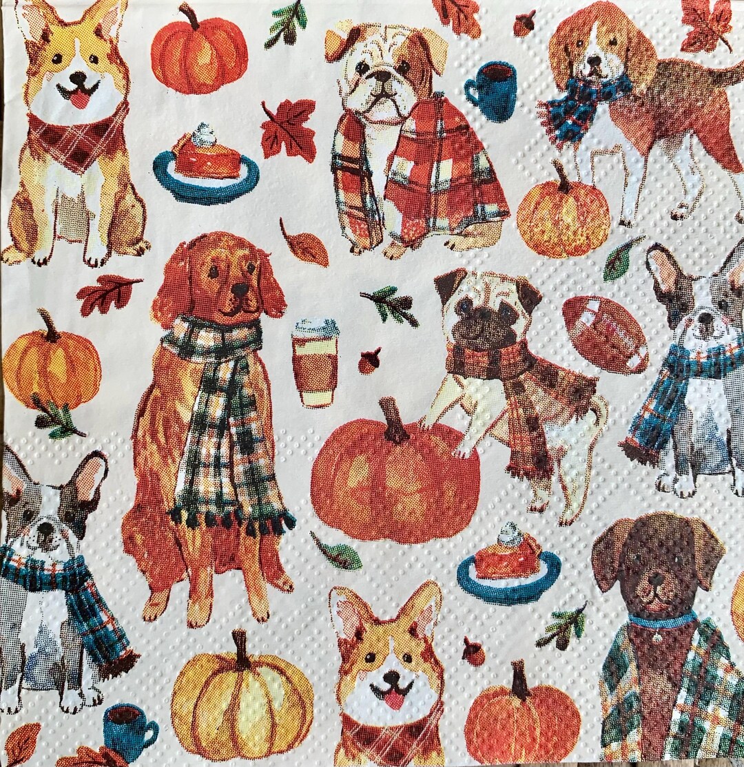 Decoupage Napkins, Fall Dog Paper Napkins, 3 Individual Football Autumn ...