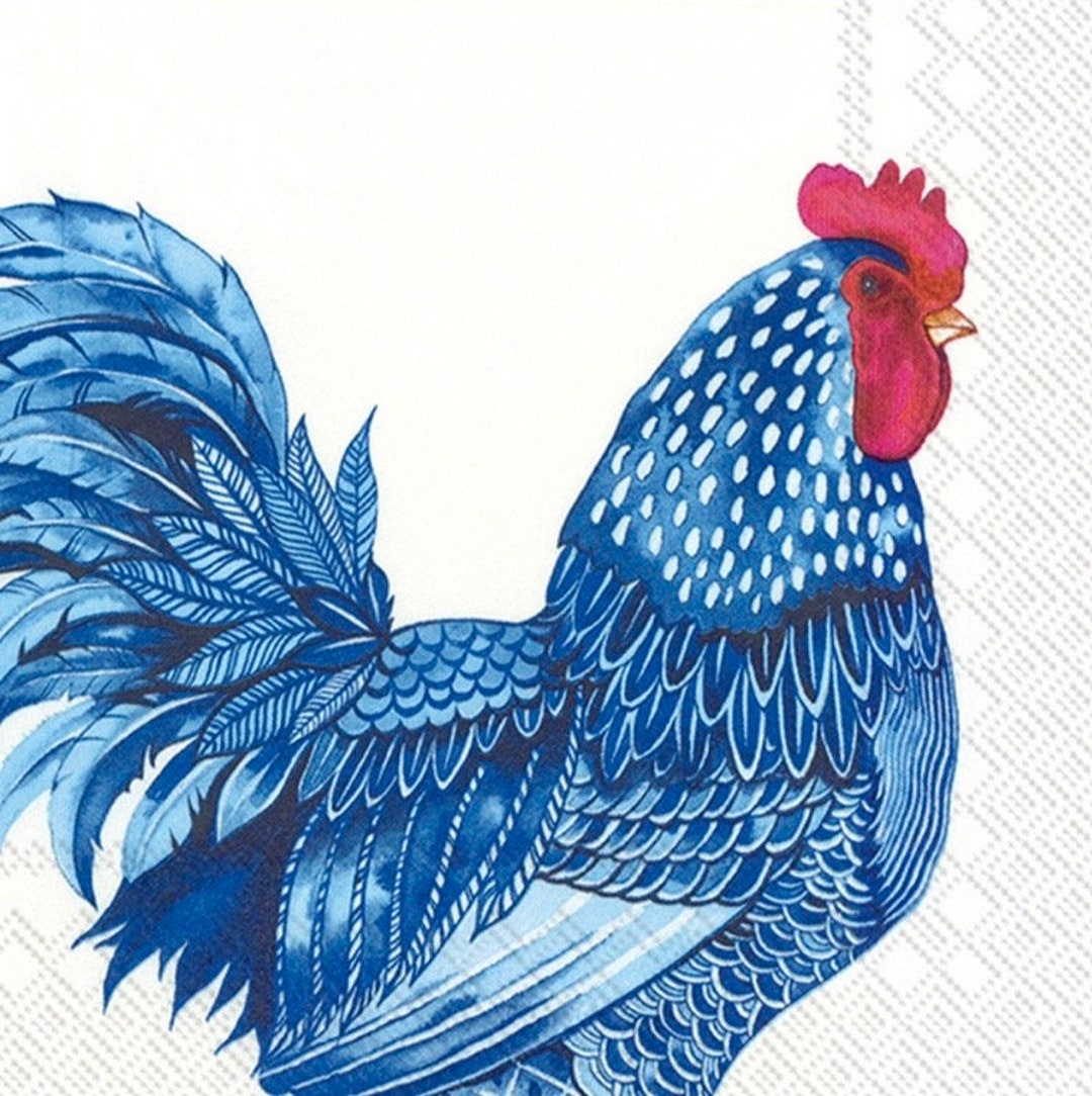 Decoupage Napkins, Rooster Blue Paper Napkins, 3 Individual Cocktail ...
