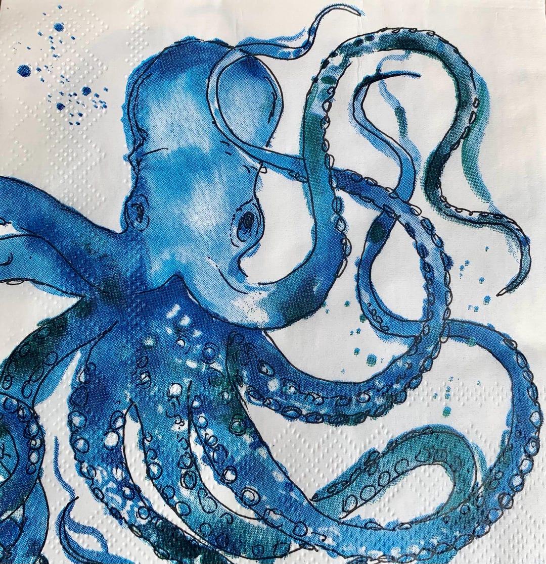 Decoupage Napkins, Octopus Blue Paper Napkins, 3 Individual Ocean ...