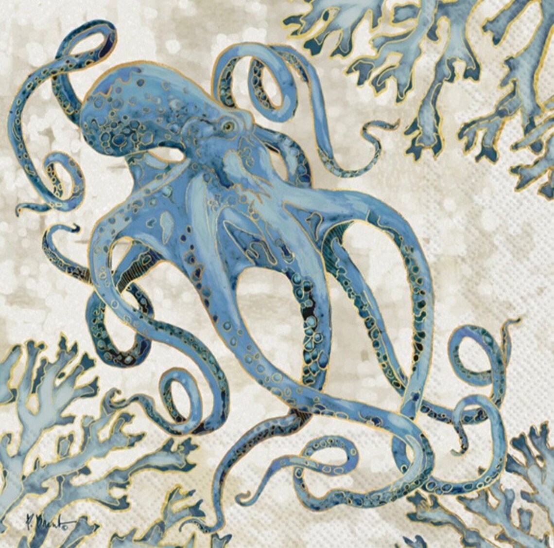 Octopus Decoupage Napkin, 3 Individual Cocktail Napkins for Decoupage ...