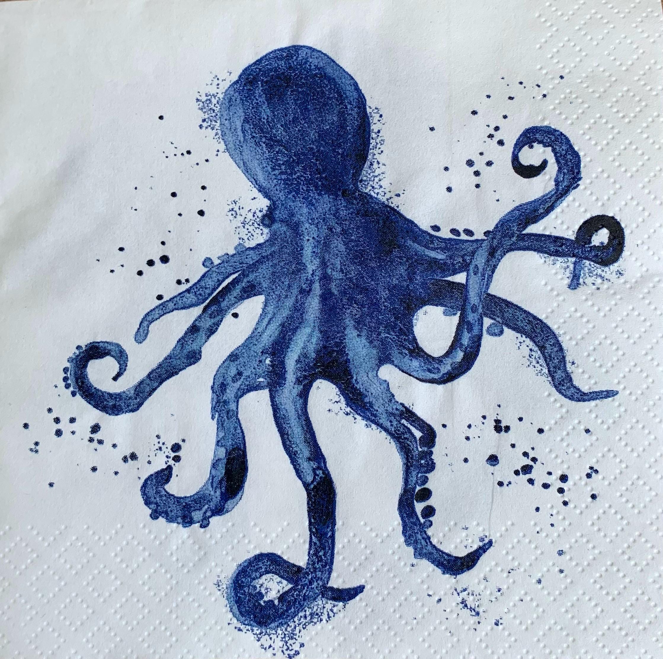 Decoupage Napkins, Octopus Paper Napkins, 3 Individual Blue and White ...