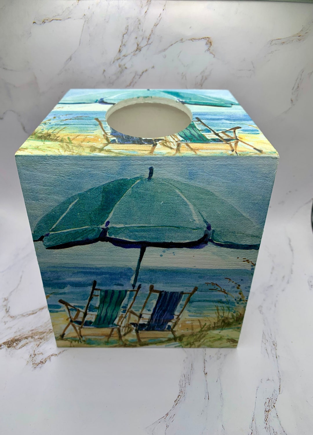 Tissue Box Cover Beach Chairs, Decoupaged Wood Tissue Box Cover, Beach ...