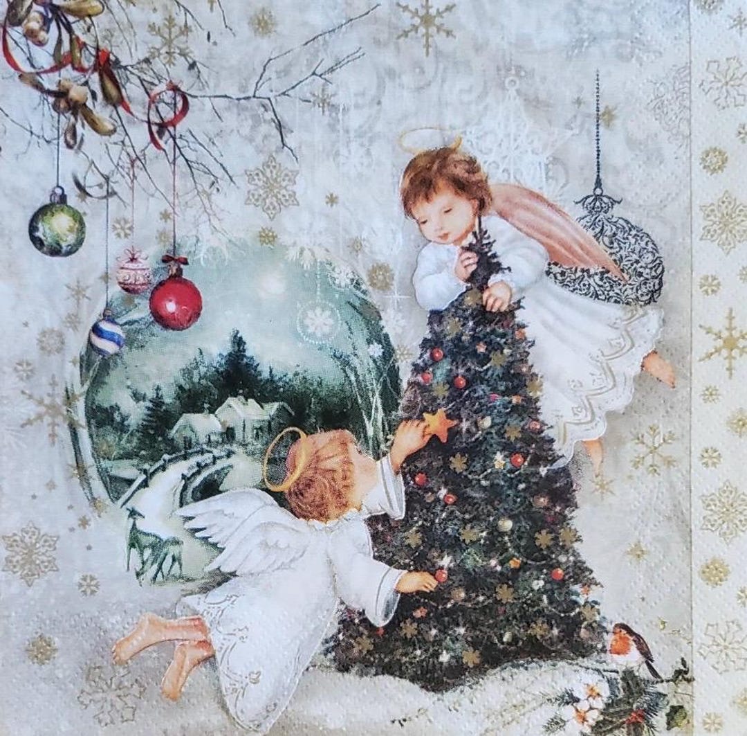 Decoupage Napkins, Angels Vintage Paper Napkins, 3 Individual Christmas ...