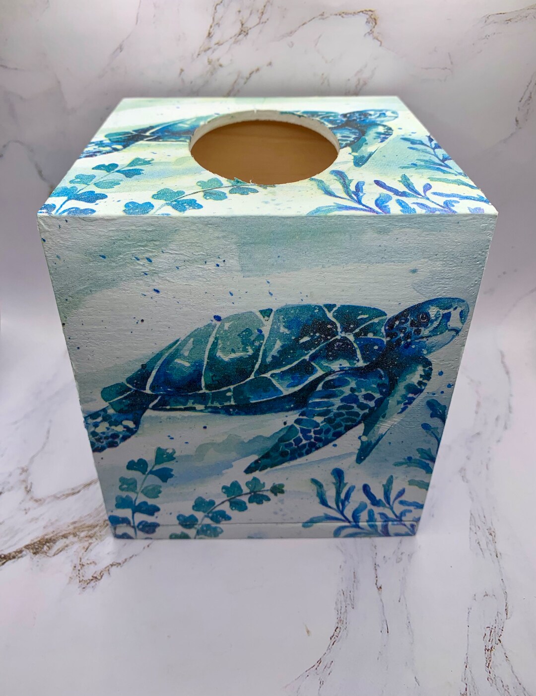 Tissue Box Cover, Decoupaged Sea Turtle Tissue Box, Beach Wood Tissue ...