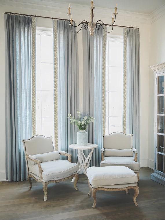 Light Blue Cotton Linen Curtain Panels With Trim Beautiful Custom Curtains and Drapes Available in Extra Long Length Etsy Ireland
