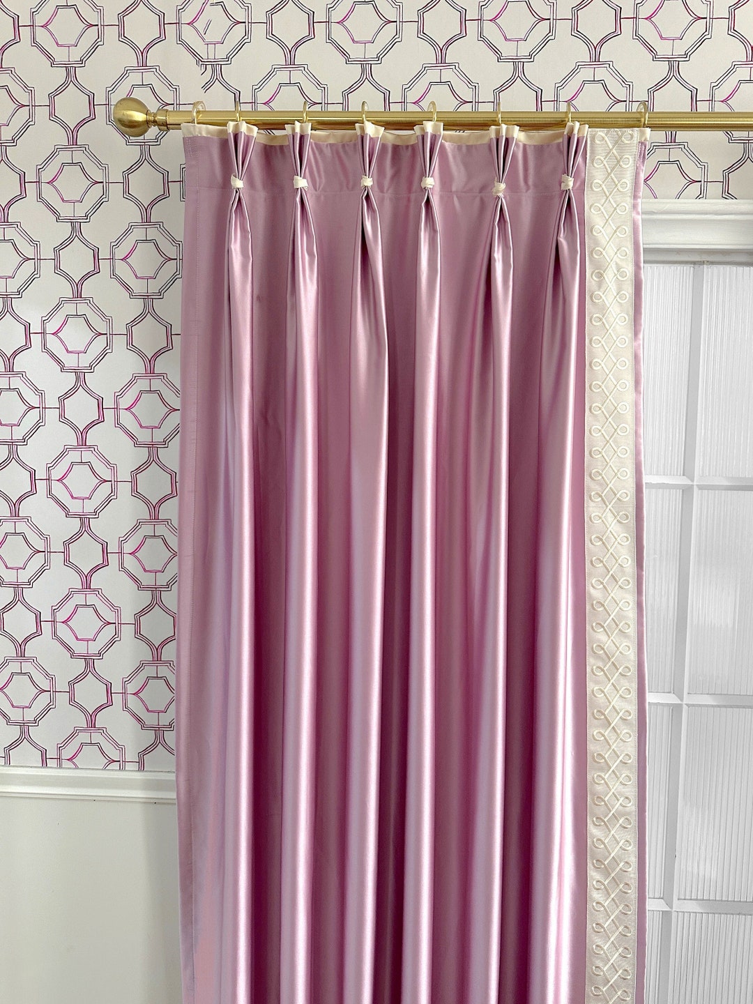 Soft Pink Faux Silk Curtain Panels With Contrast Border, Beautiful ...