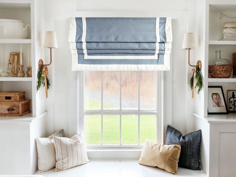 Roman Shade, Steel Blue With White Border, Made to Order, Custom Size ...