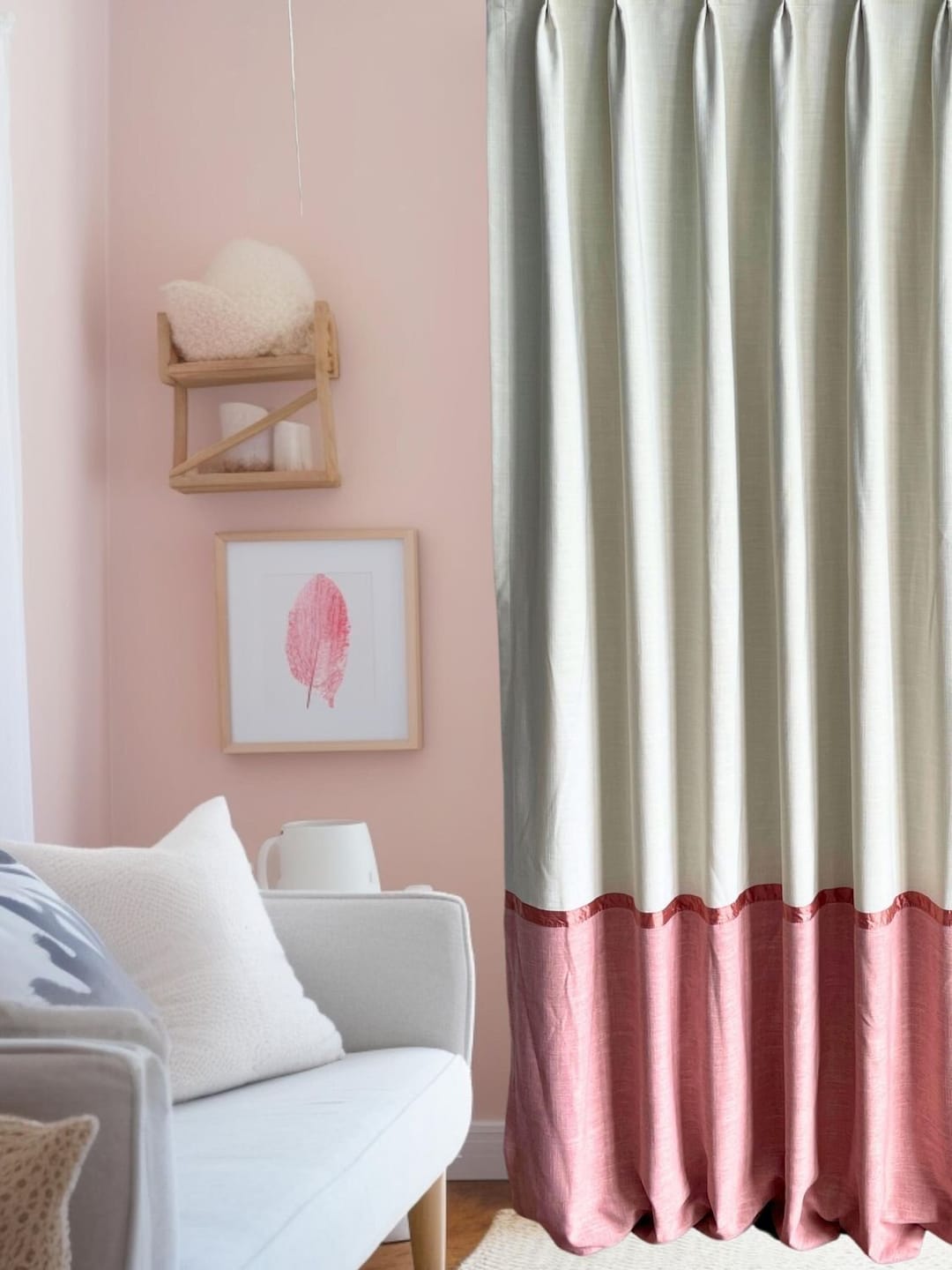 White and Pink Color Block Cotton Linen Curtain Panels, Beautiful ...
