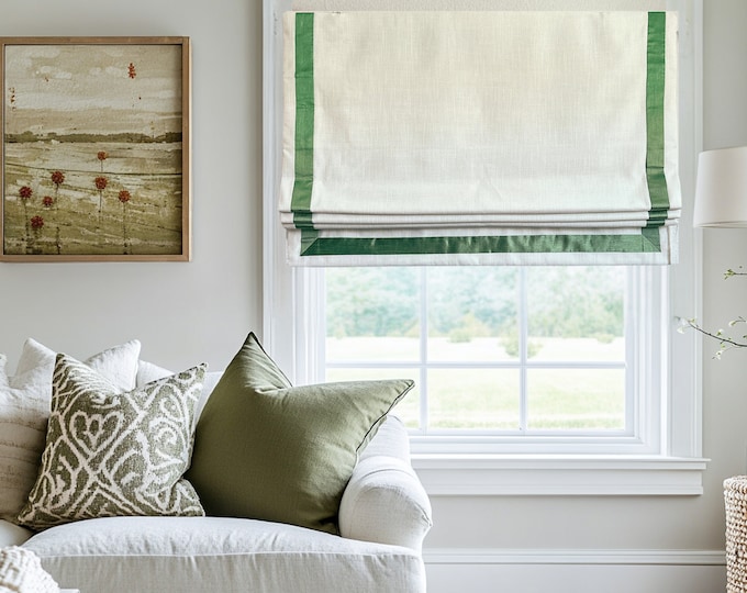 Off White Roman Shade With Green Trims and Lining, Window Blinds, Light ...