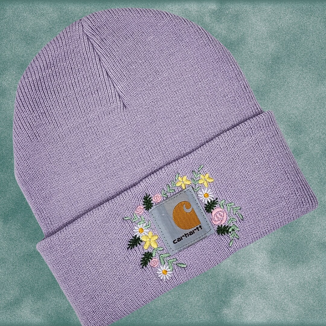 Lavender Beanie With Embroidered Light Pink Roses Unique Embroidered ...
