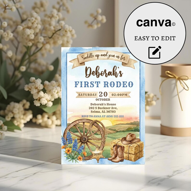 Editable First Rodeo Birthday Invitation for Boys, Cowboy 1st Birthday ...