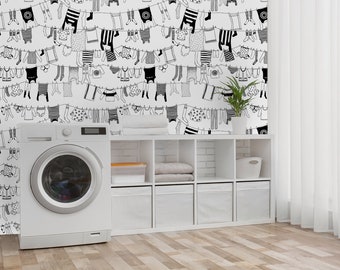 Laundry Room Wallpaper Clothes on Washing Line Peel and Stick Removable ...