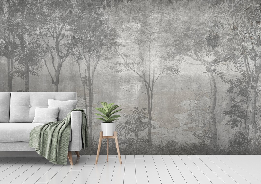 Forest Stone Wall Mural: Abstract Tree Scene Peel and Stick Wallpaper ...