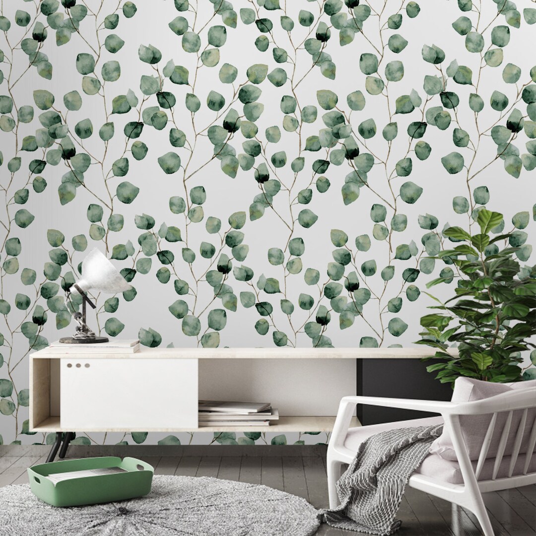 Watercolor Green Floral Removable Fabric Wallpaper Branches and Leaves ...