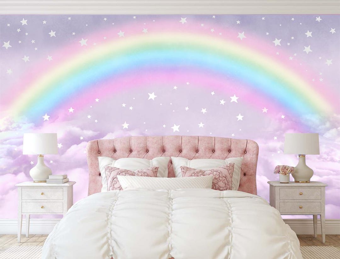Colorful Pastel Rainbow and Clouds Removable Fabric Wallpaper Pastel ...