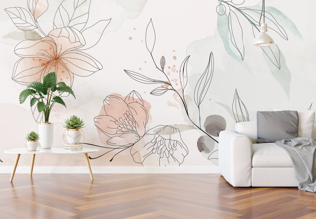 Hand Drawn Floral Removable Wallpaper Watercolor Botanical Line Wall ...