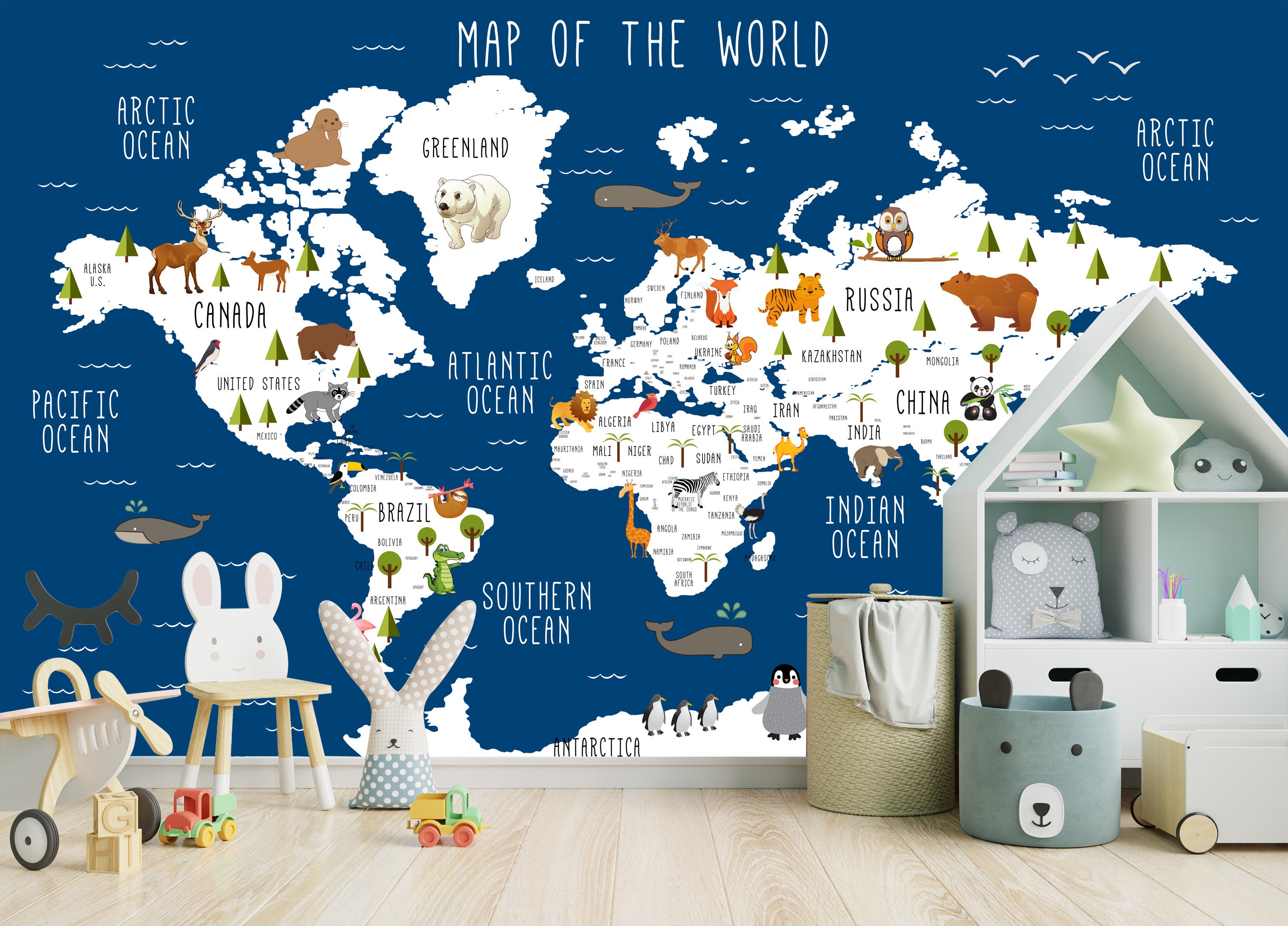 World Map Mural mural , Mapa para niños con papel tapiz de mapa de ...