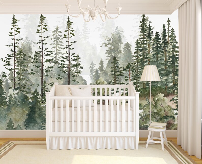 Woodland Pine Tree Forest Mural: Peel and Stick Wallpaper, Kids Nursery ...
