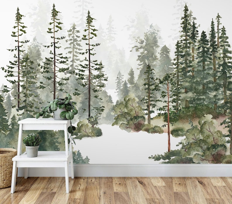 Woodland Pine Tree Forest Mural: Peel and Stick Wallpaper, Kids Nursery ...