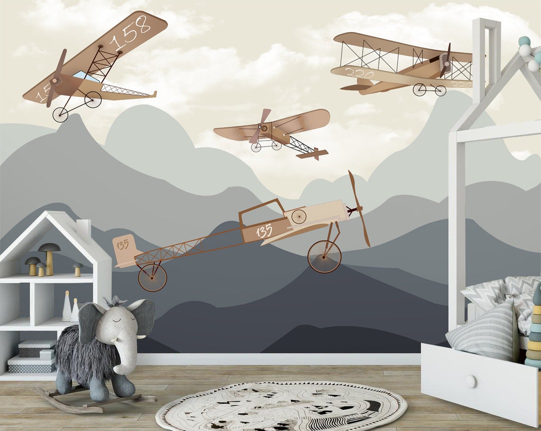 Biplane and Mountains for Child Room Wallpaper Removable Fabric ...