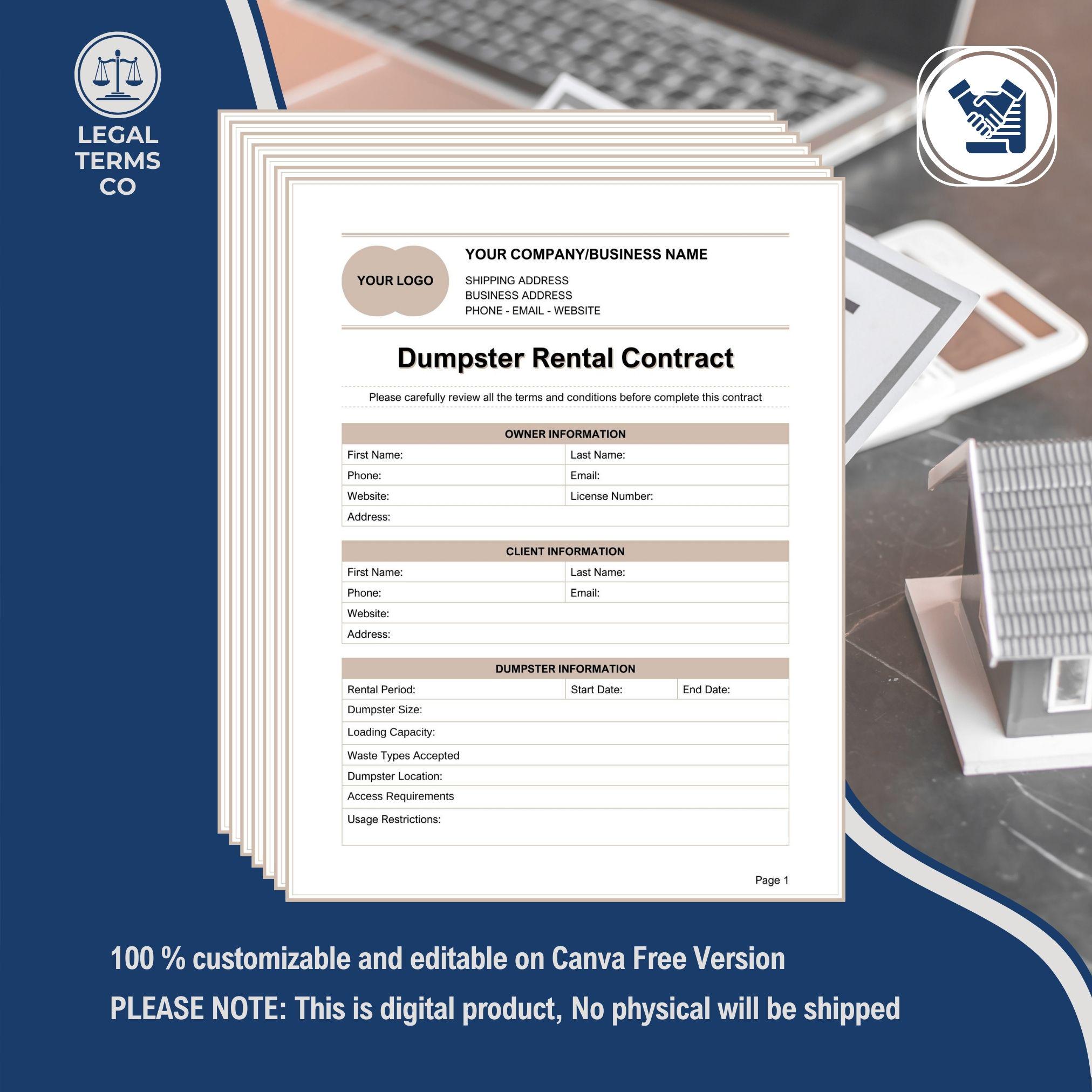 Dumpster Rental Contract Template, Customizable Dumpster Lease ...