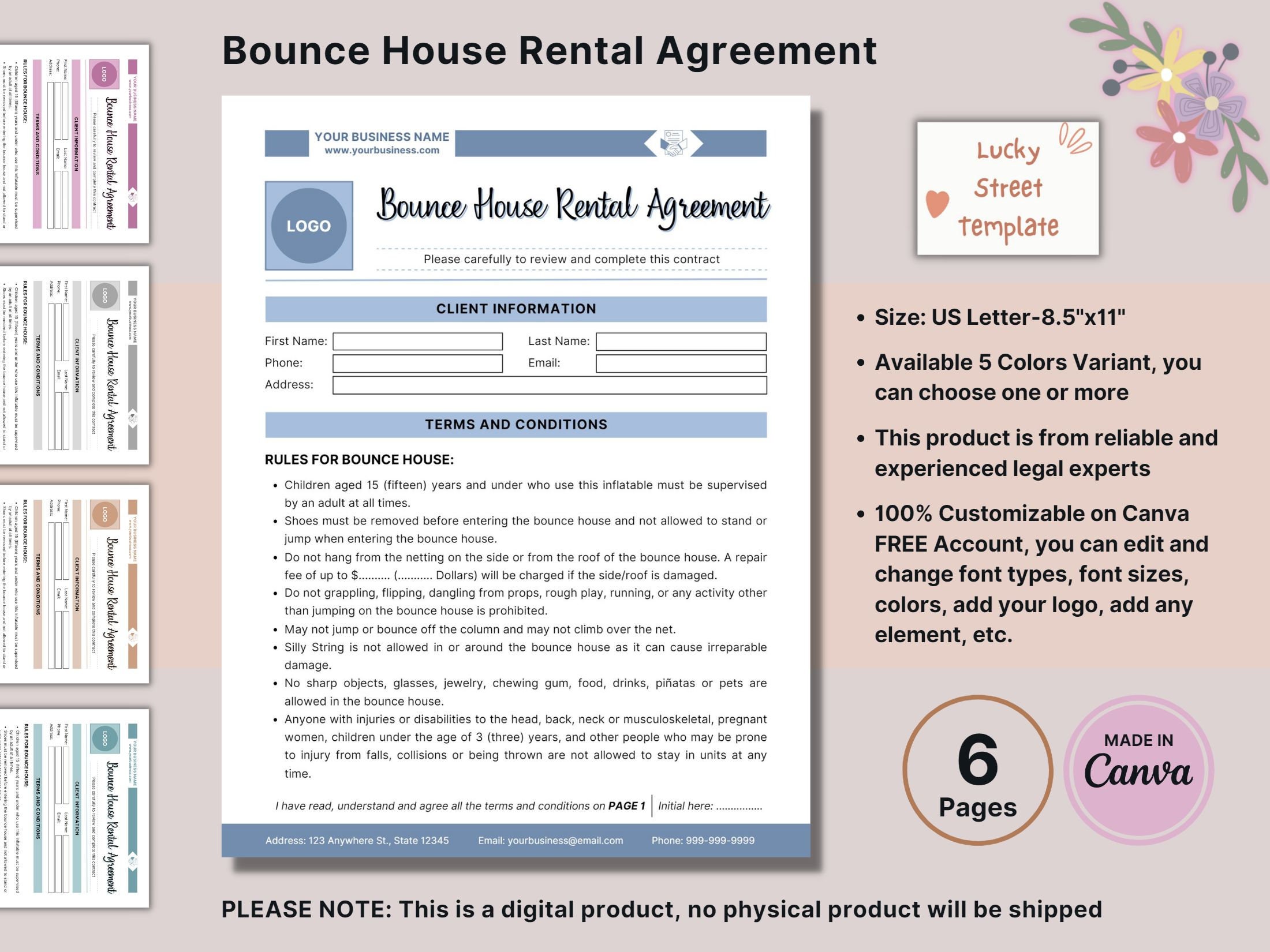Bounce House Rental Agreement 6 Page DIY Editable Canva Etsy