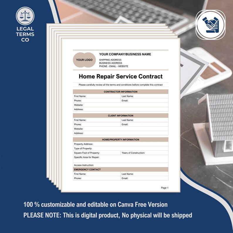 Home Repair Service Contract Template, Customizable Home Maintenance ...