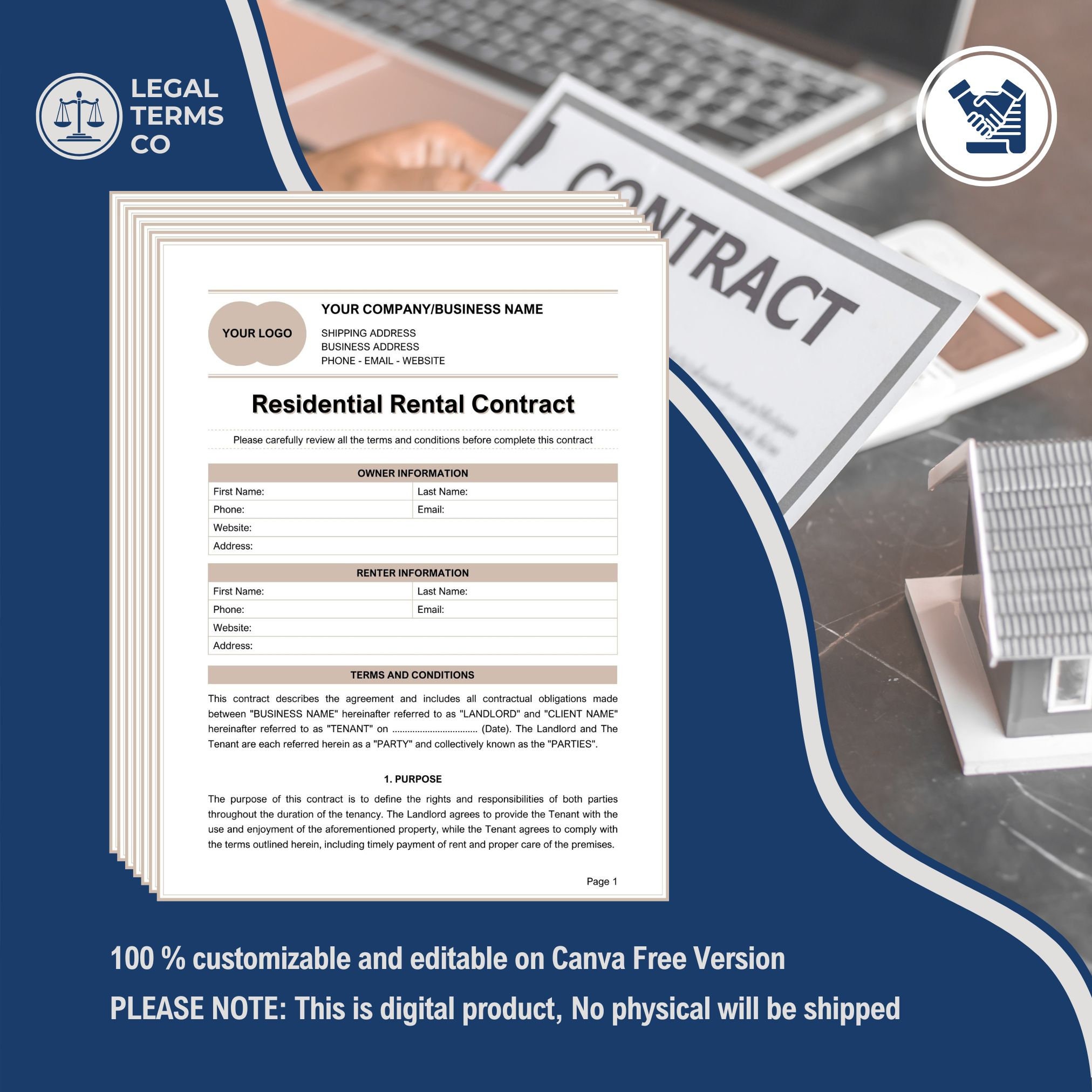 Residential Rental Contract Template, Home Rental Agreement, Property ...