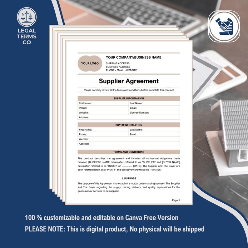 Supplier Agreement Template, Customizable Supply Contract, Editable ...
